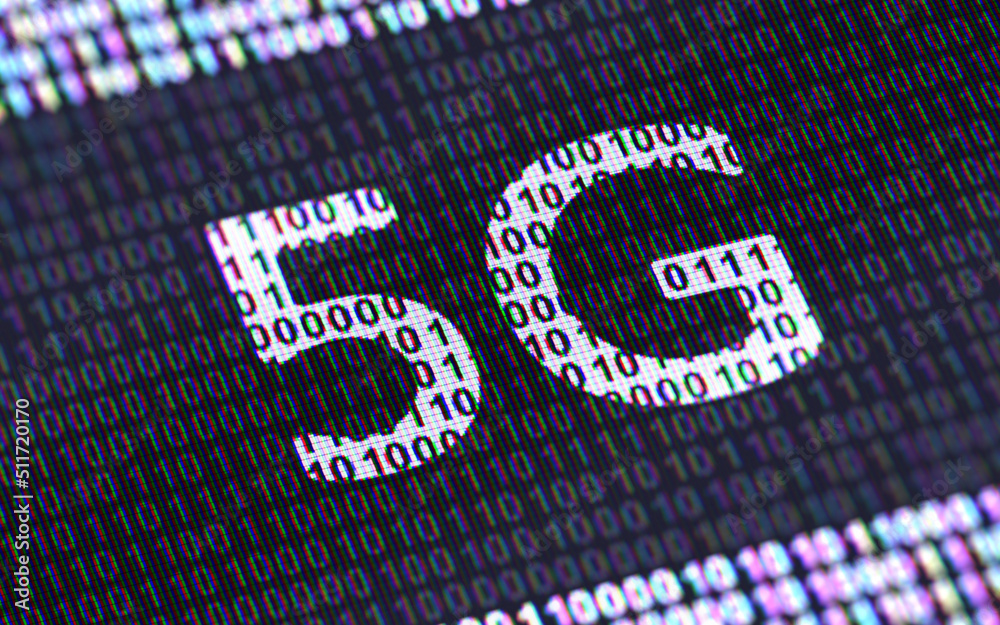 5G icon in the screen with binary code ( array of bits ). 3D ...