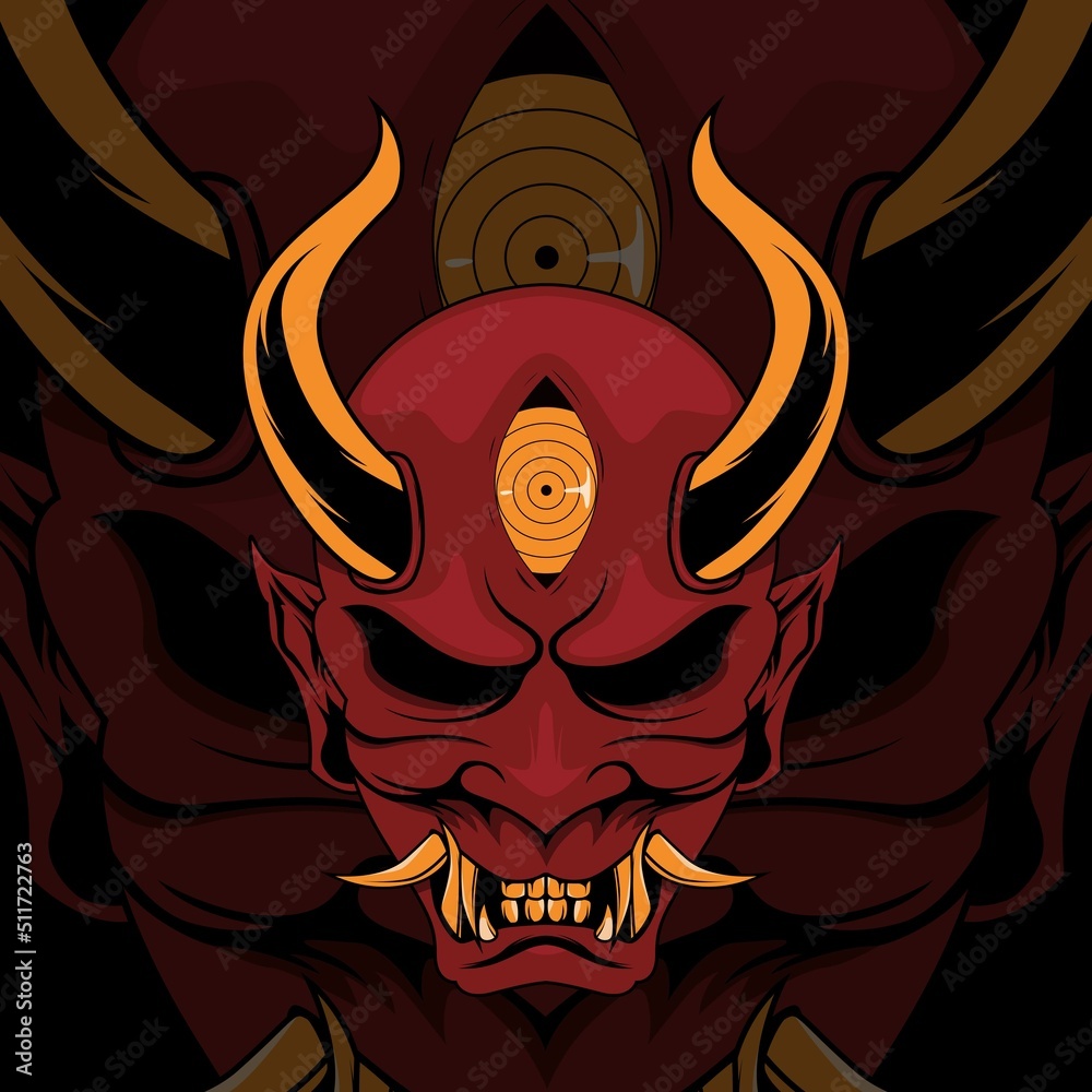 Oni Traditional Japanese Demon Mask With Red Skin,Gold Eyes and Gold ...