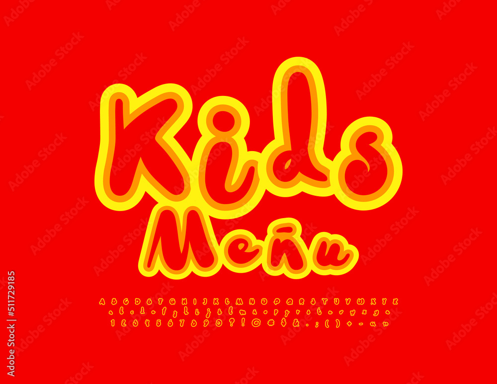 Vector bright banner Kids Menu with artistic Font. Handwritten Alphabet ...