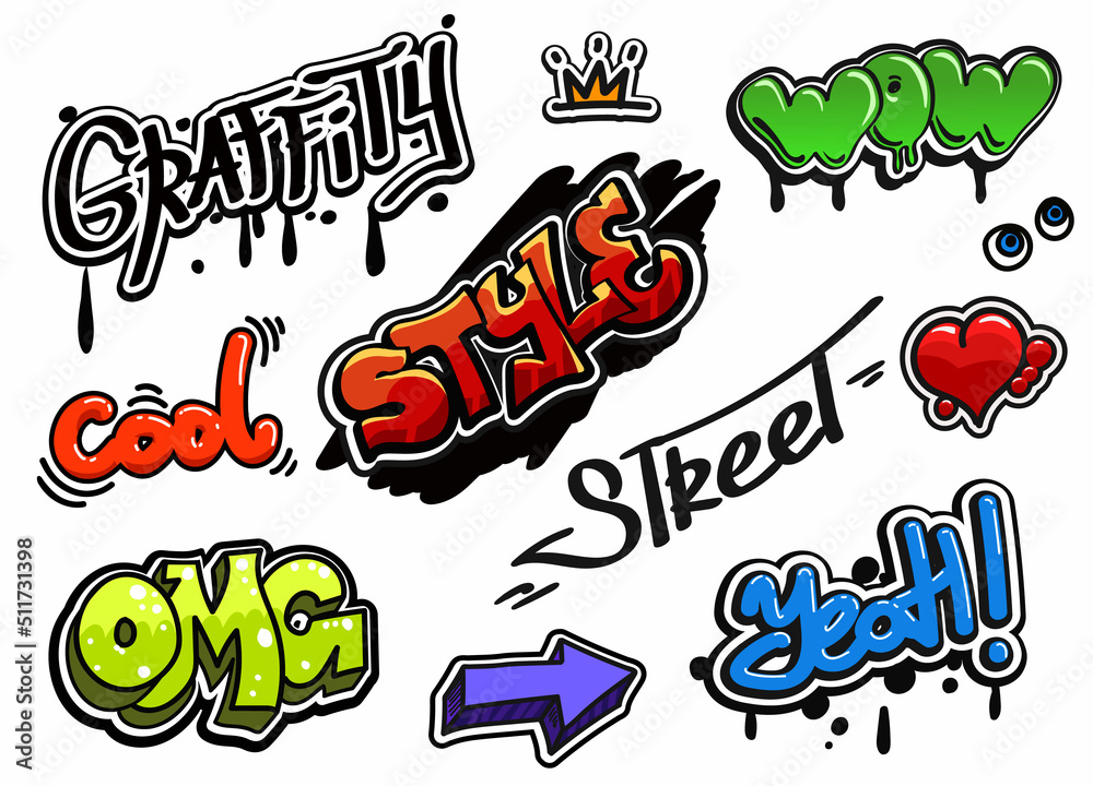 Abstract street graffiti lettering. Street art elements. Wall paint art ...