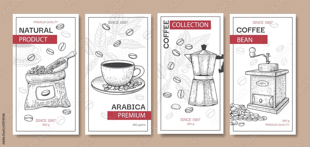 Coffee label. Menu package, barista vintage flyer with beans and ...