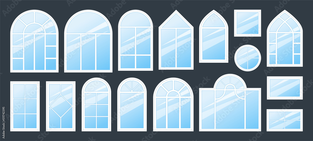 Glass window icons. Double modern hung and arch design with awning ...