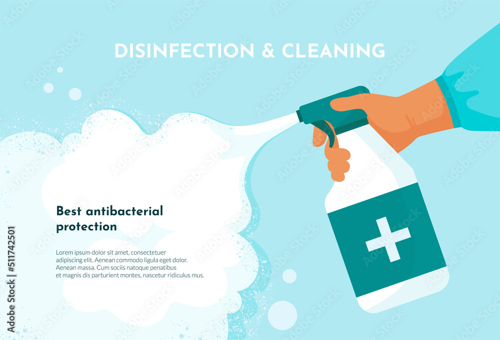 Disinfect and clean. Hand with bottle of antibacterial antiseptic ...