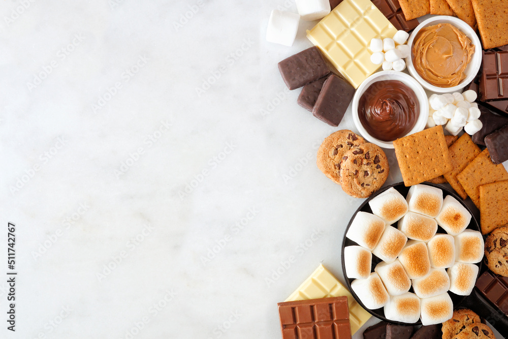 Smores buffet side border. Roasted marshmallows, crackers, chocolate ...