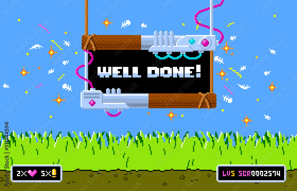 Pixel art 8-bit arcade game scene. Banner with phrase well done, vector ...