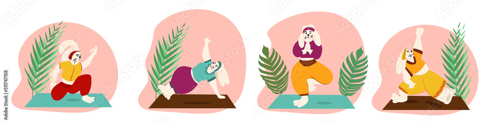 Set of bunny yoga poses and exercises. Vector flat illustration ...