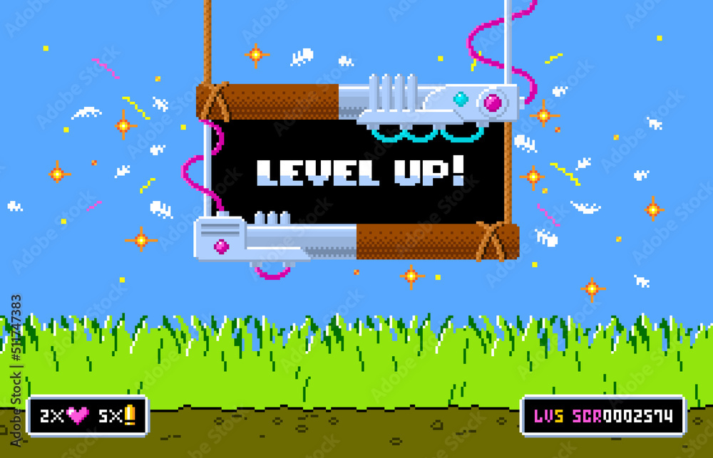 Retro 8bit game background in pixel art design. Banner with phrase ...