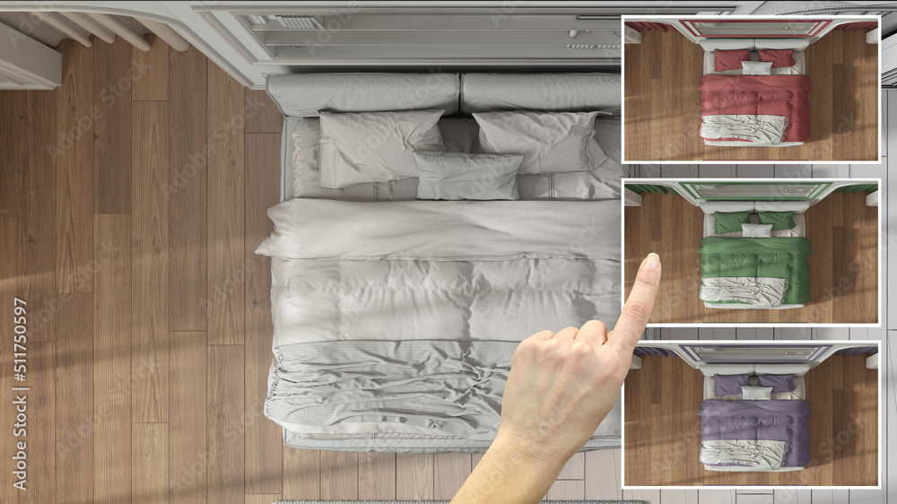 Architect designer concept, hand showing classic bedroom with bed ...