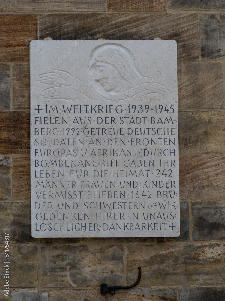 BAMBERG, GERMANY - JULY 09, 2019: Remembrance plaque for fallen ...