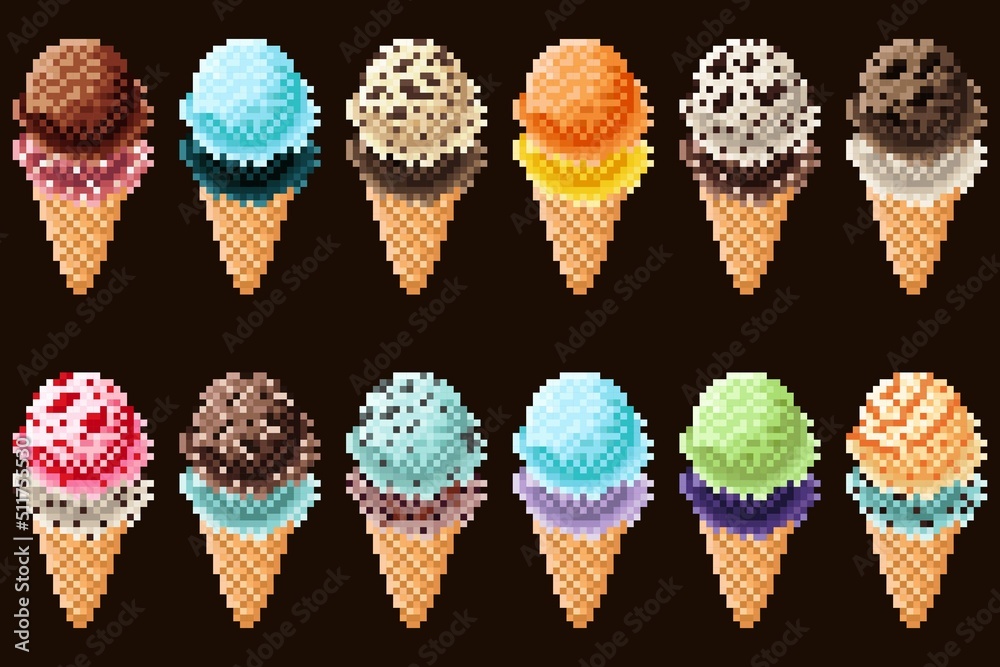 Ice cream cone pixel art set. Vector illustration. Stock Vector | Adobe ...