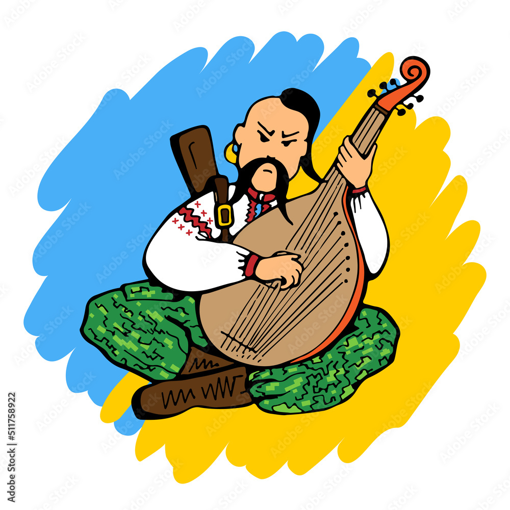 Flag background and Ukrainian warrior and soldier Kozak plays the ...