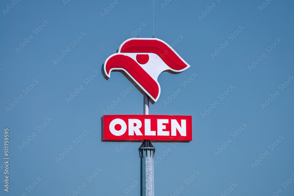 Pniewy, Poland - June 18, 2022. PKN Orlen logo with a blue sky ...