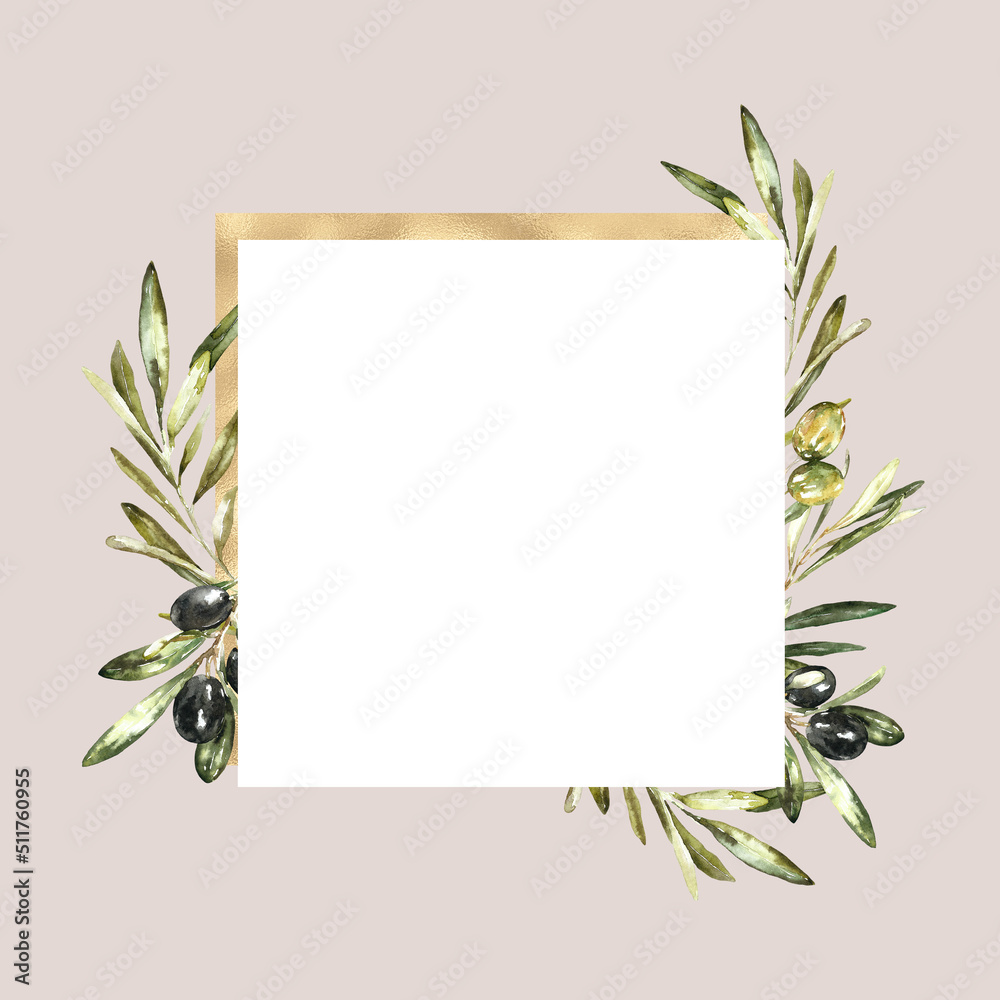 Watercolor Gold Olive floral frame illustration, Botanical greenery ...