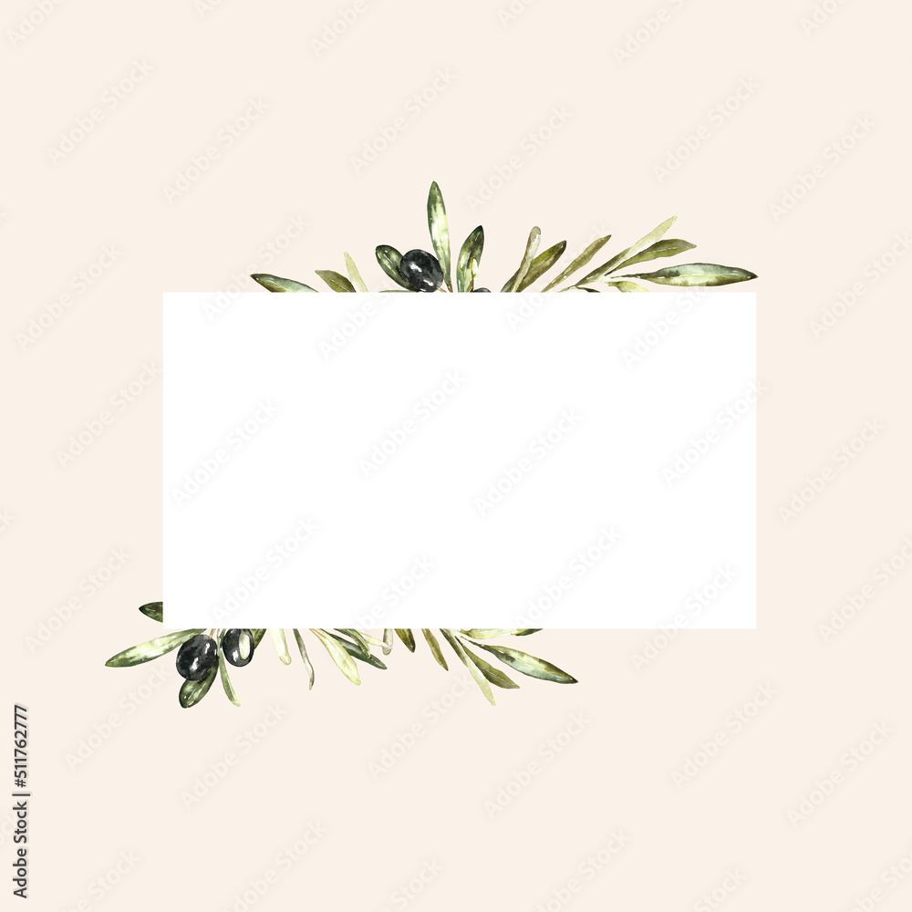 Watercolor Gold Olive floral frame illustration, Botanical greenery ...