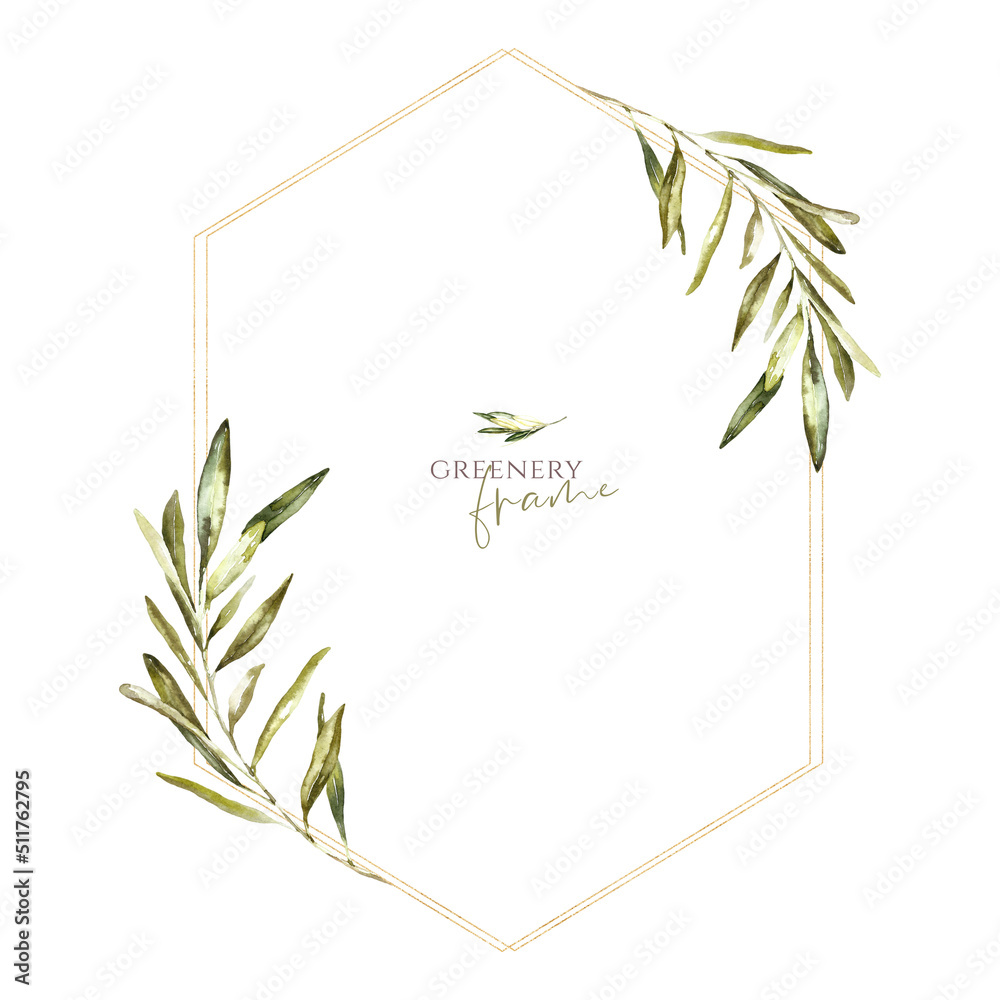 Watercolor Gold Olive floral frame illustration, Botanical greenery ...