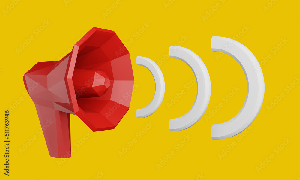 Low poly red loud speaker with sound waves. Stylized 3d illustration ...