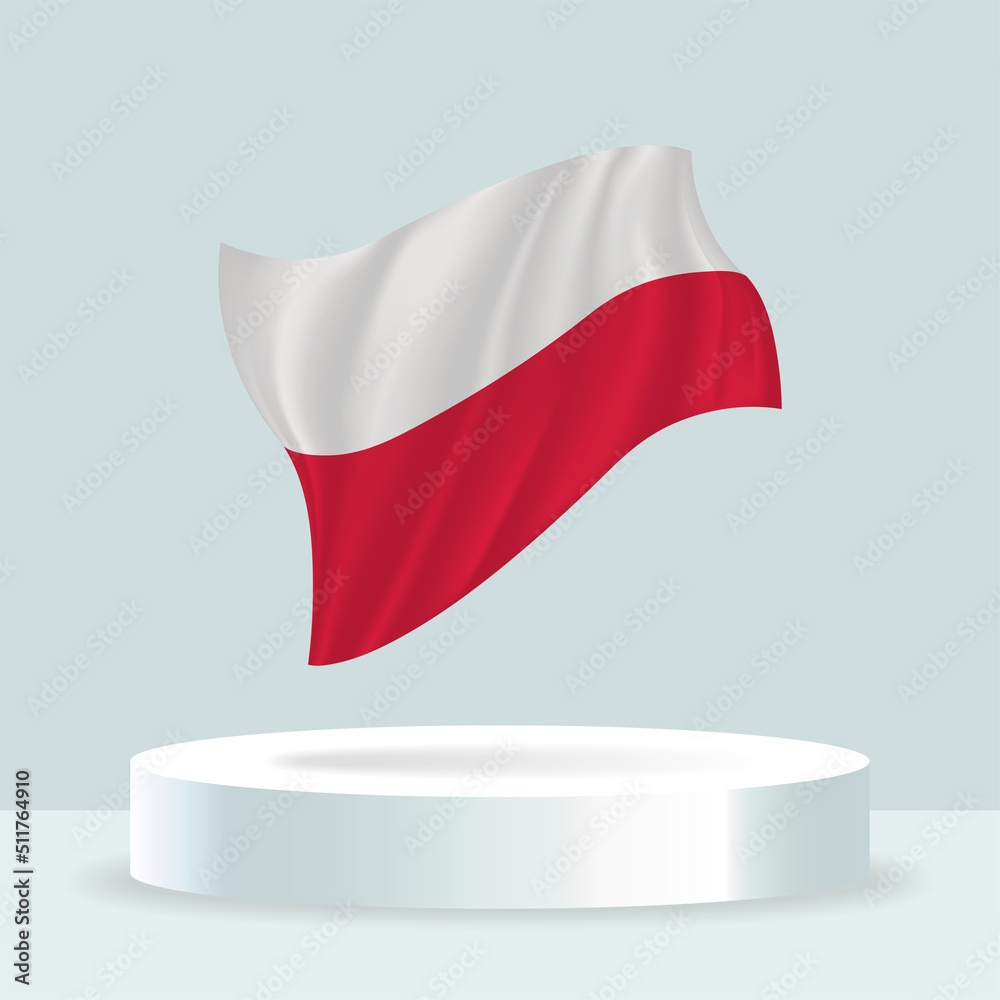 Poland flag. 3d rendering of the flag displayed on the stand. Waving ...