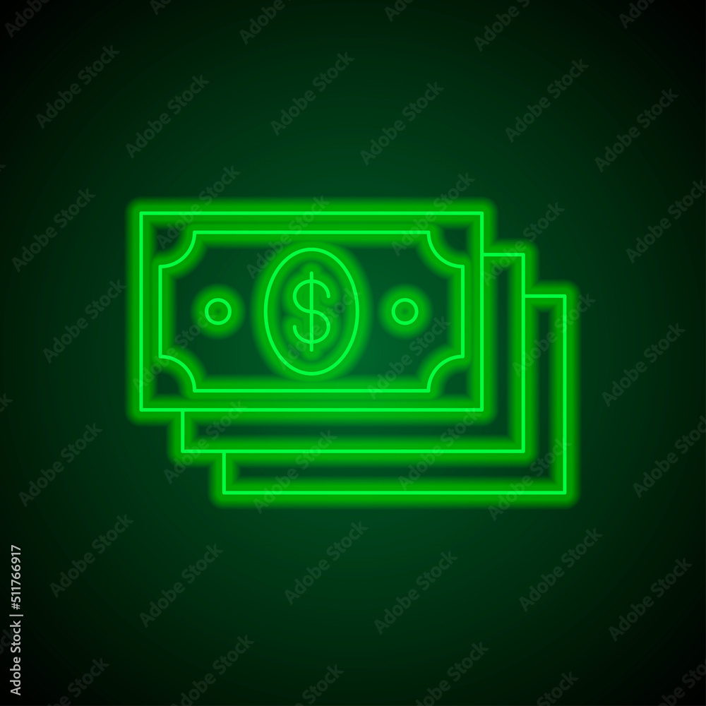 Dollars simple icon, vector. Flat design. Green neon on black ...