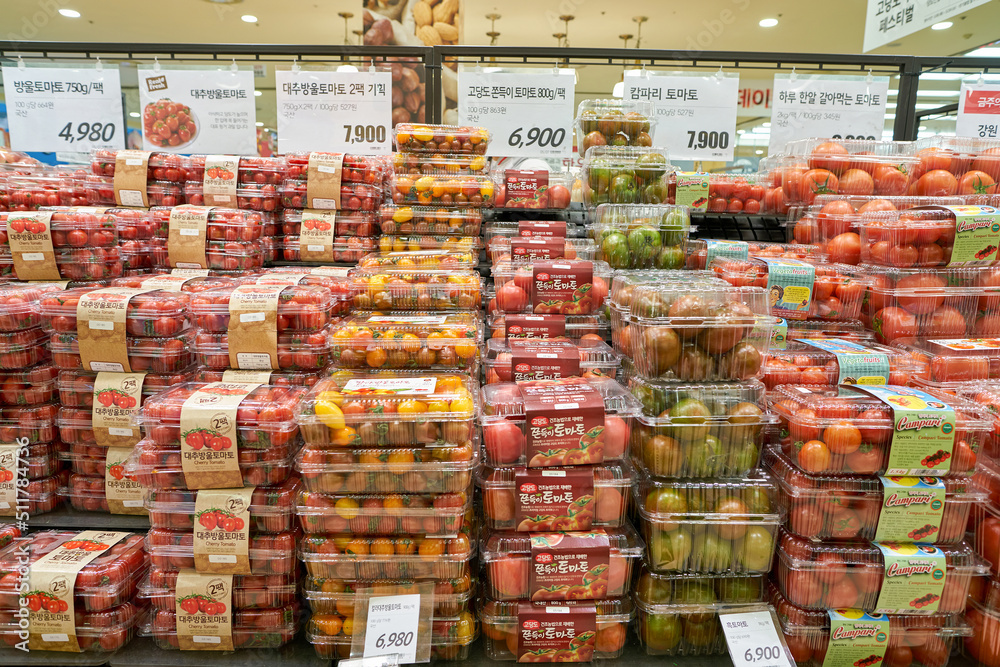 SEOUL, SOUTH KOREA - CIRCA MAY, 2017: food on display at Lotte Mart in ...