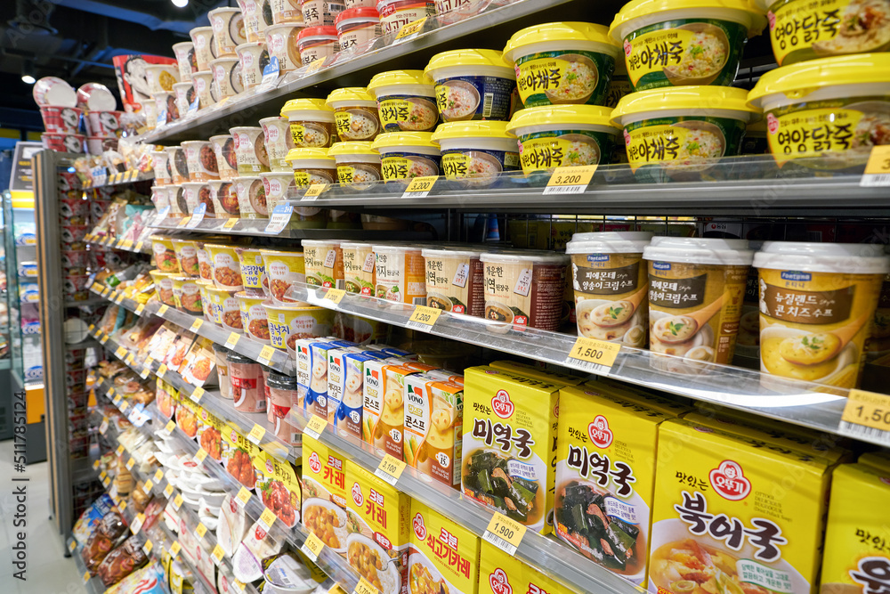 SEOUL, SOUTH KOREA - CIRCA MAY, 2017: goods on display at a convenience ...