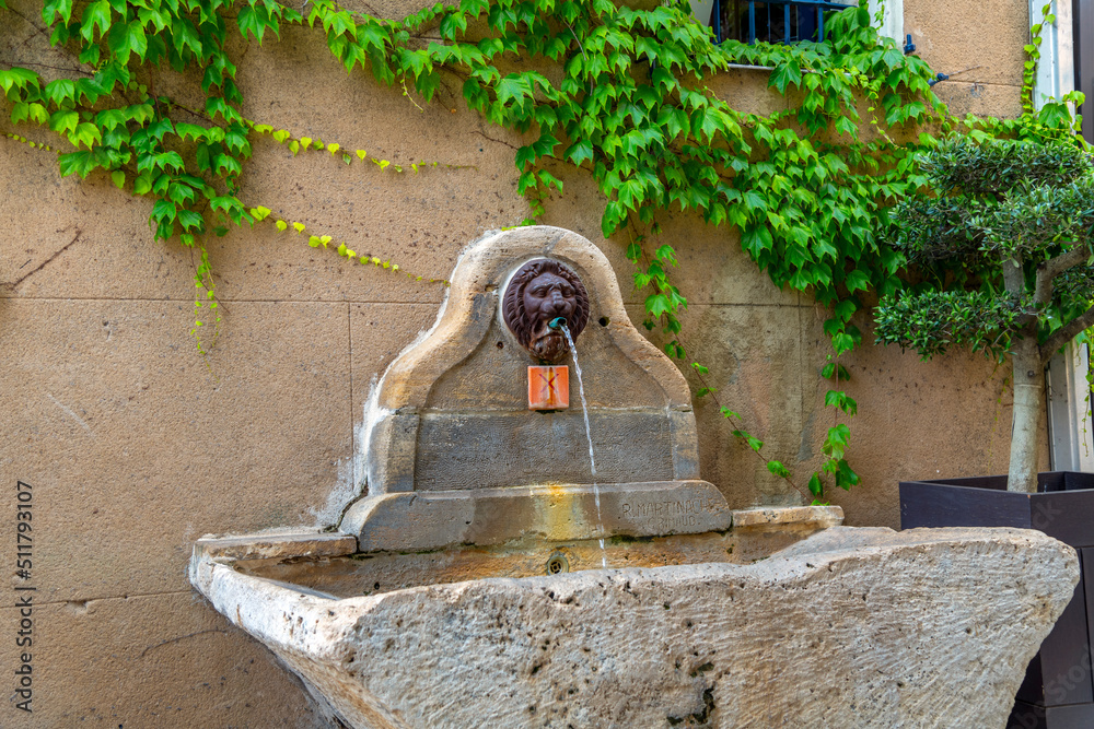 An ancient spring water fountain with a lion's head spouting a stream ...