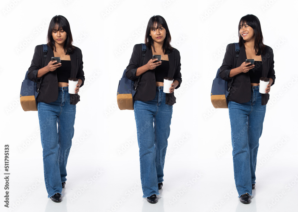 Full length 30s adult Asian Indian Woman business, walking forward left ...