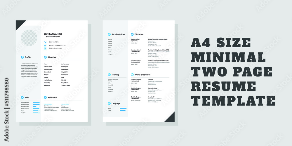 Minimal Two Page, A4 size Resume Template. Stock Vector | Adobe Stock