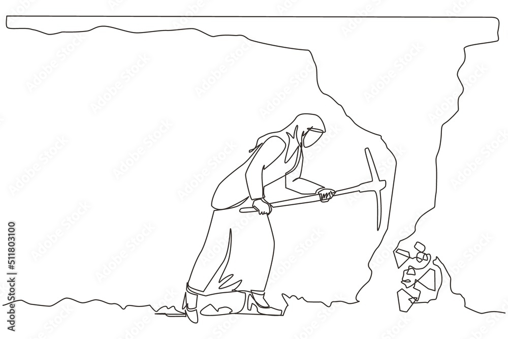Single continuous line drawing Arab businesswoman digging with pickaxe ...