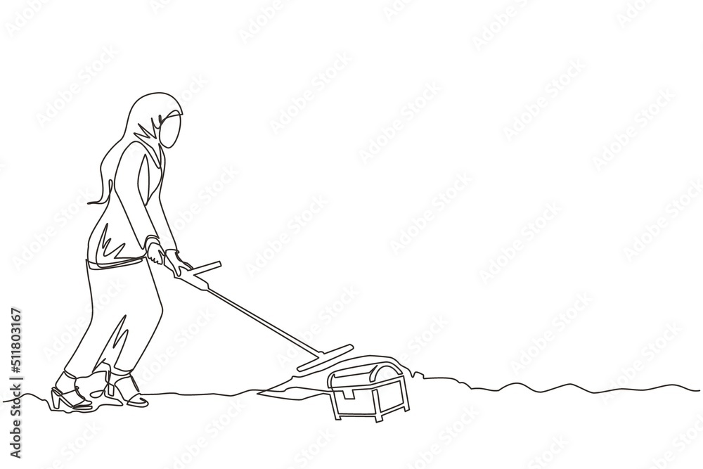 Continuous one line drawing Arab businesswoman with metal detector ...