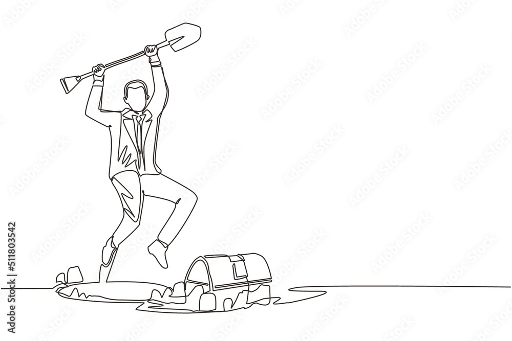 Single continuous line drawing businessman in hole prancing happily ...