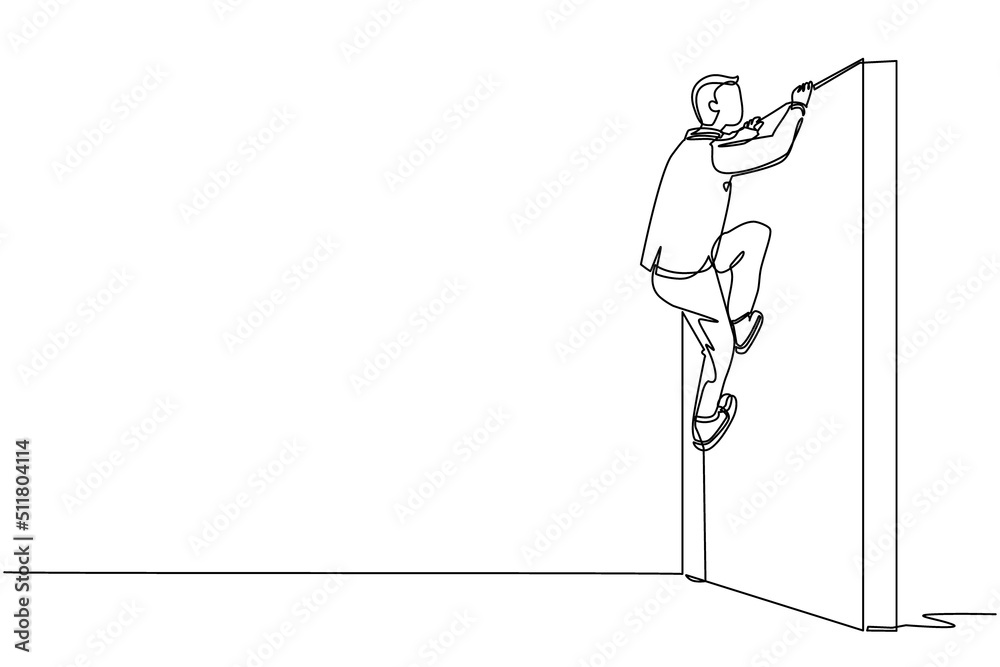 Continuous one line drawing businessman climb the obstacle wall, solve ...