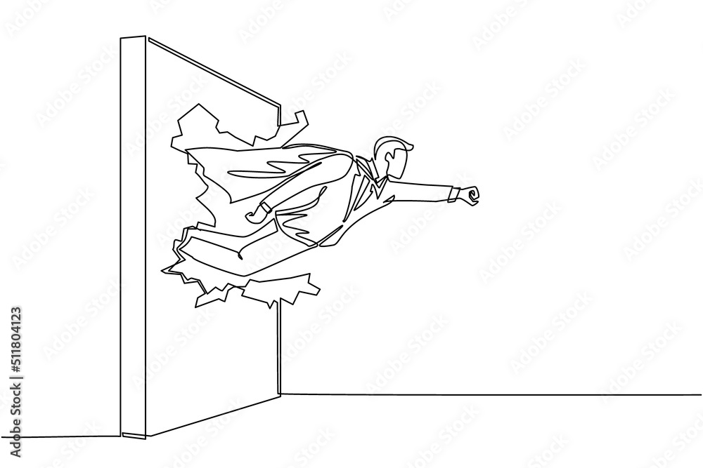 Continuous one line drawing super businessman punches and breaks the ...