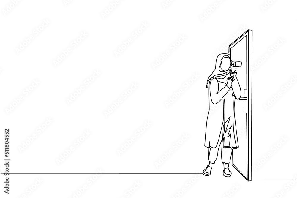 Single one line drawing Arabian woman eavesdropping at door. Curious ...