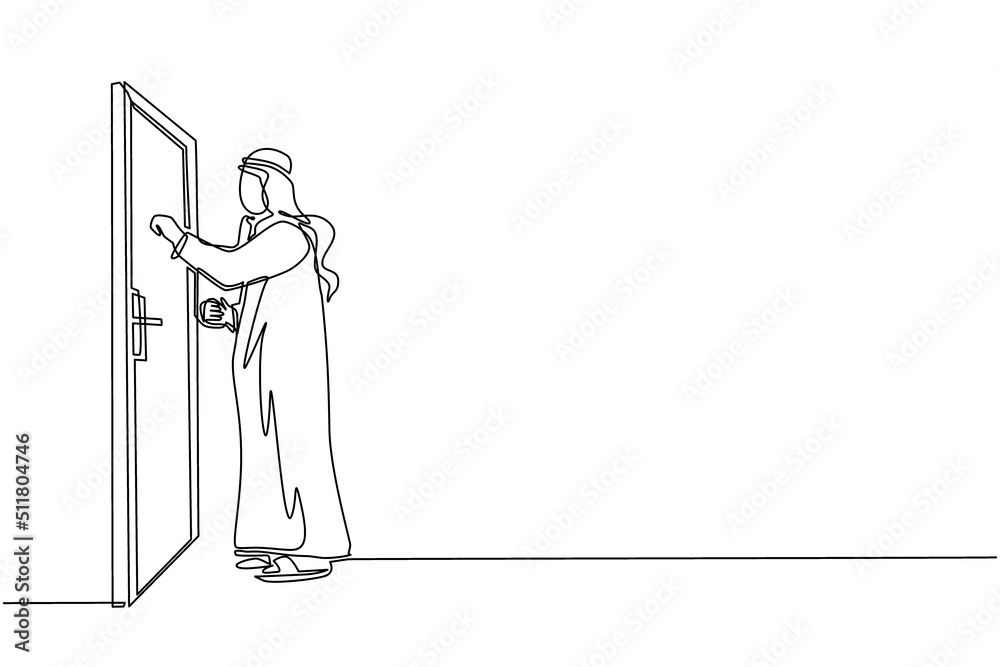 Single continuous line drawing Arab businessman knocking at door. Man ...