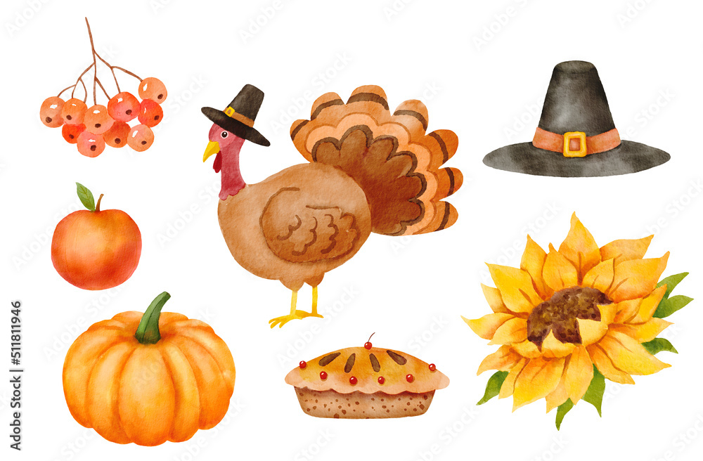 Watercolor thanksgiving elements. Cute turkey in a pilgrim hat, pumpkin ...