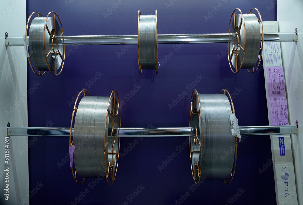 Coils wire for semi automatic welding machine placed on counter Stock ...