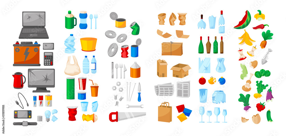 Garbage objects. Rubbish sorting. Plastic, metal and organic landfill ...