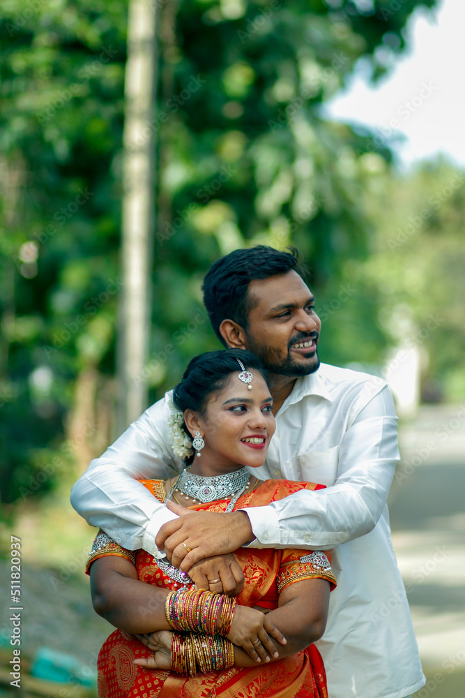Beautiful happy south Indian couple in traditional dress Outdoor ...