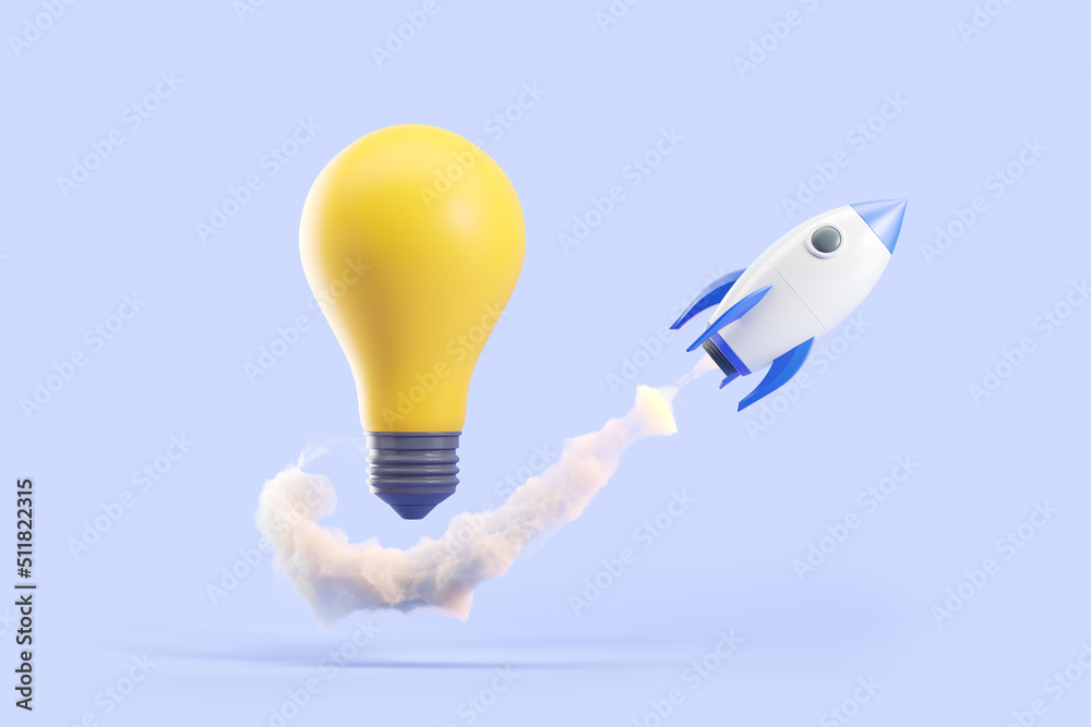 Rocket and lightbulb on blue background. Business startup and idea ...