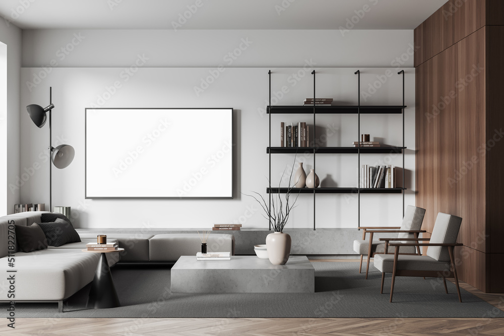 Relax room interior with tv zone, sofa and chairs, shelf and mockup tv ...