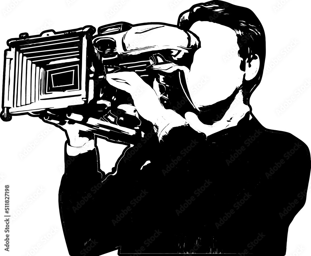 Silhouette of cinematographer, sketch drawing young man holding video ...