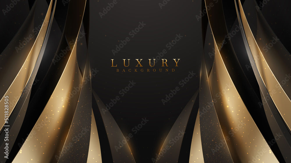 Black luxury background with golden curve elements and glitter light ...