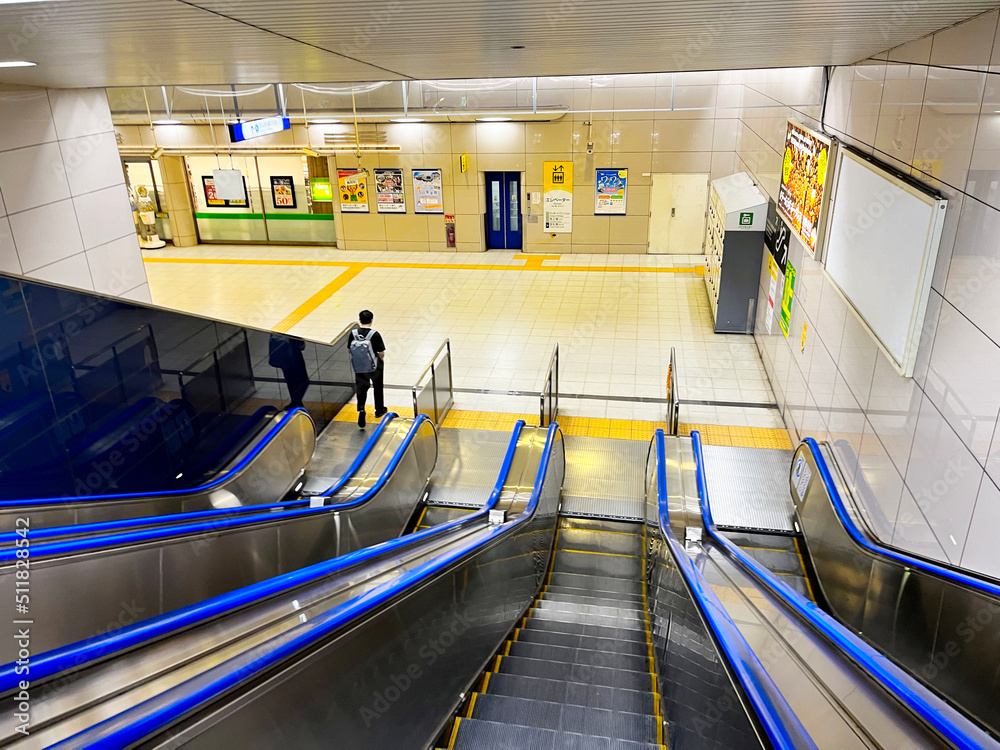 the entrance and escalator of Tokyo Teleport Station of Rinkai line ...