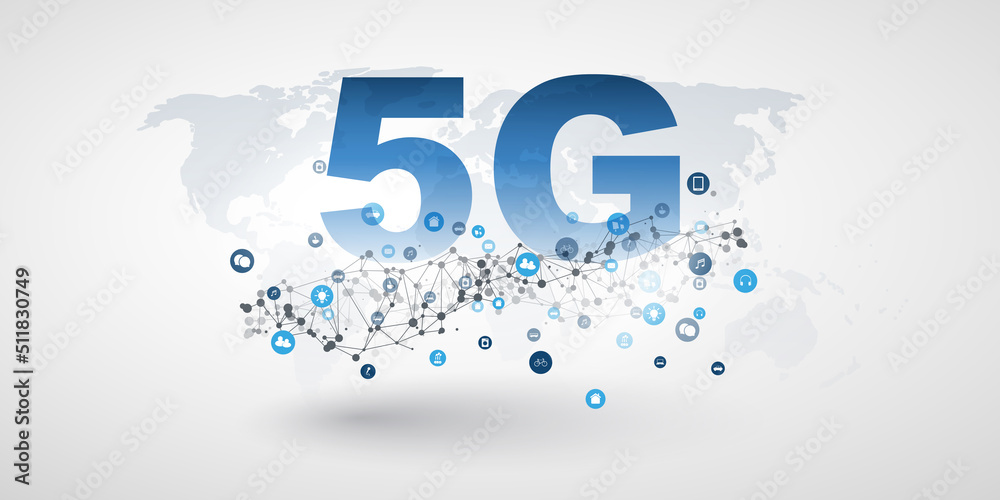 5G Network Label with World Map, Icons and Network Mesh - High Speed ...