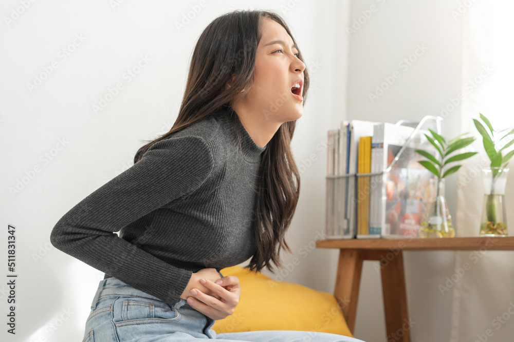 Flatulence Asian Young Woman Girl Hand In Stomach Ache Suffer From