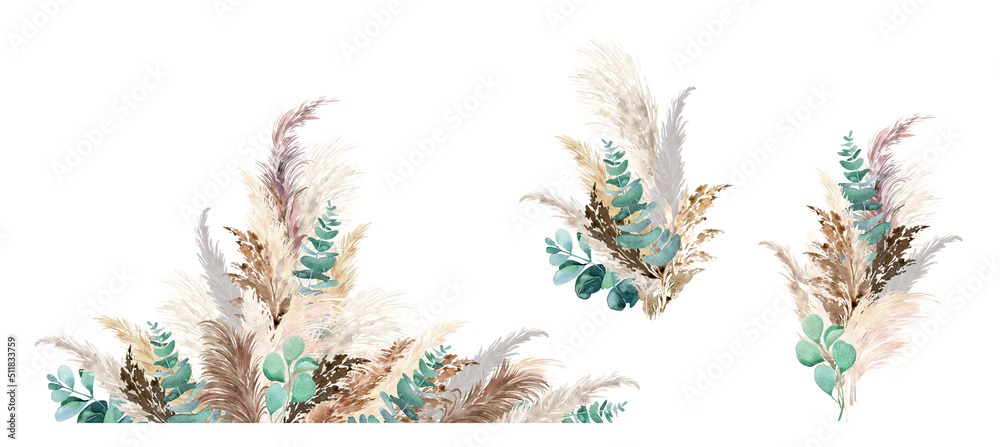 Pampas grass and eucalyptus watercolor boho bouquet. Hand painted ...