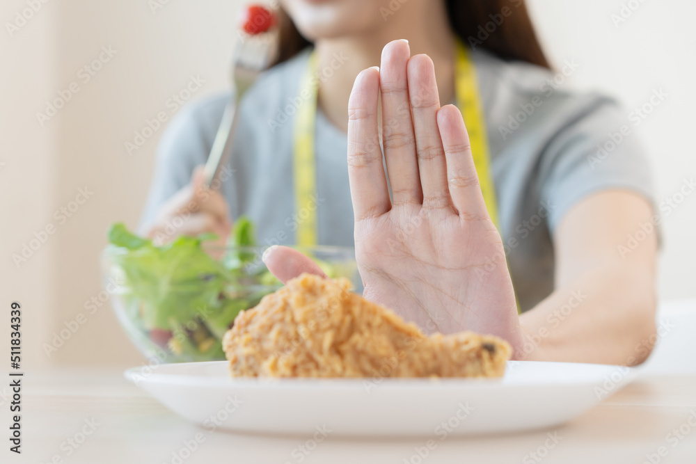Diet, Dieting asian young woman or girl push out, deny fried chicken ...