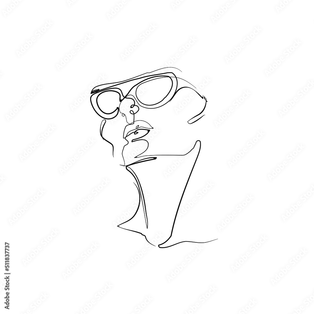 Woman with glasses abstract portrait, continuous line drawing, face of ...