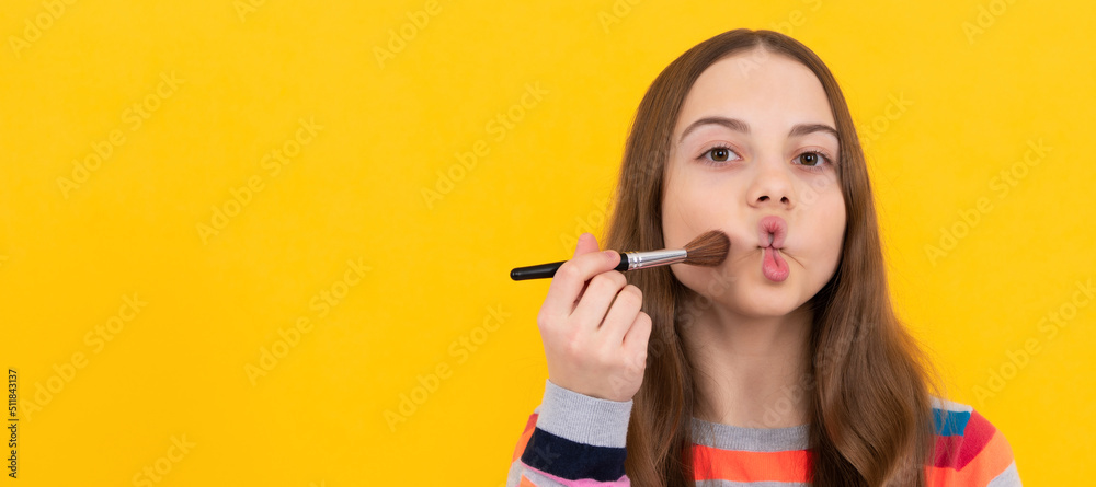 Funky beauty. Funny child apply makeup making fish lips. Makeup and ...
