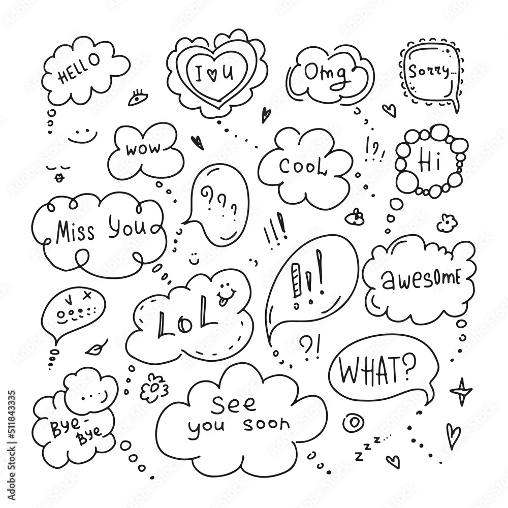 Speech bubbles set in doodle style. Hand drawn dialog clouds with ...